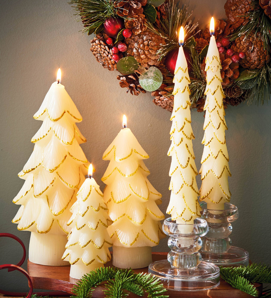 Christmas Gilded Pine Tree Taper Candle Set Of 2 Ivory – Bright and Day